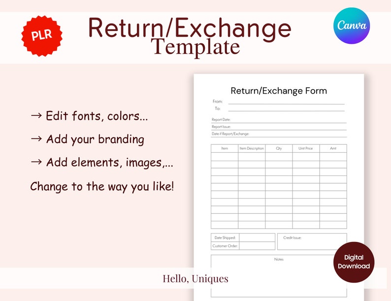 Return and Exchange Form Canva Editable Template PLR Return Form ...