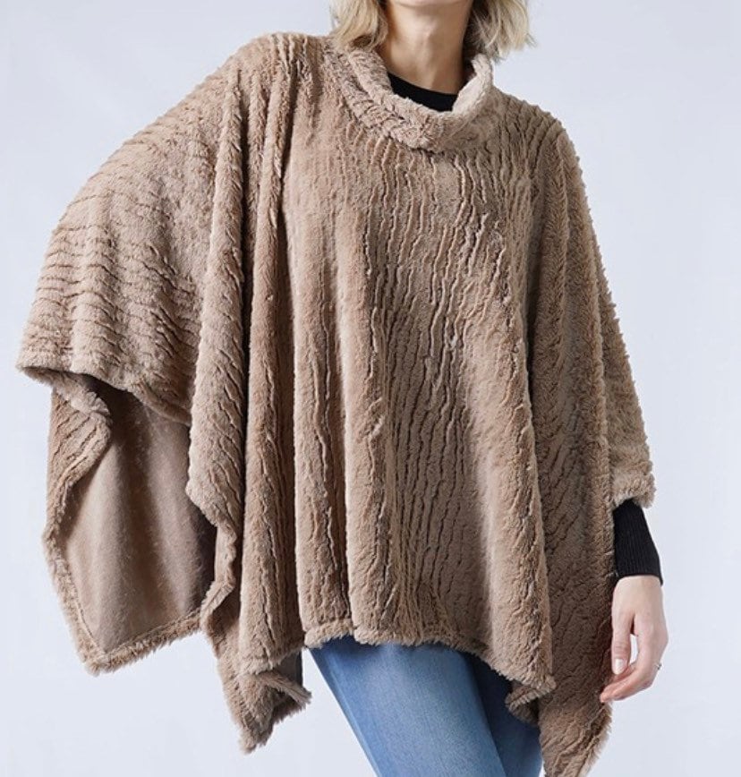 Faux Fur Coat Ruana Poncho in Black, Gray or Taupe Turtleneck. Cute ...
