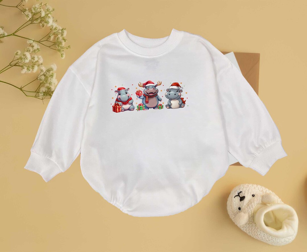 Moo Deng Christmas Baby Romper Sweater, Hippo Moo Deng Christmas Baby ...