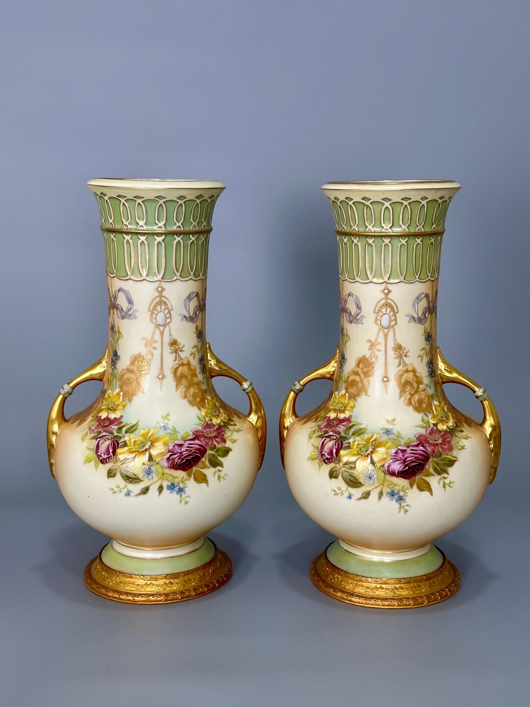 Antique Austrian Amphora Porcelain Vase Pair – Hand-painted, Art ...