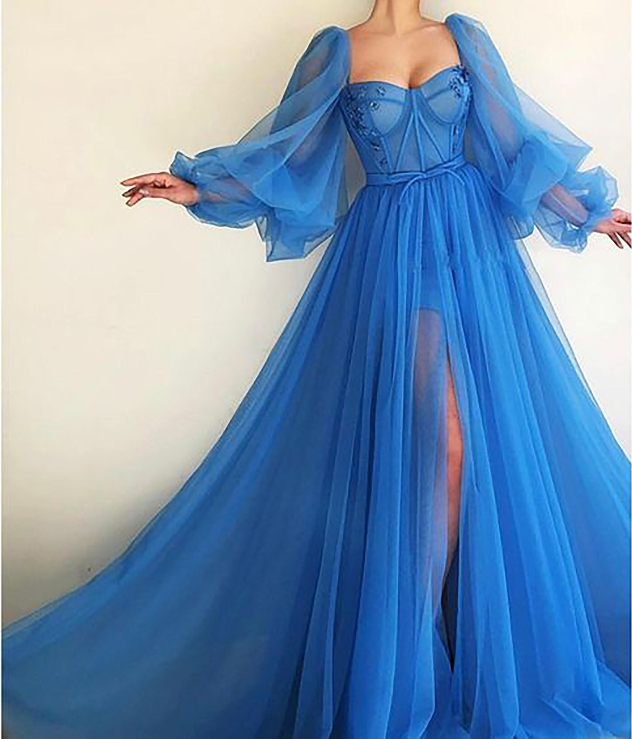 Simple Blue Prom Dress Long Puff Sleeves Exposed Boning Etsy Uk