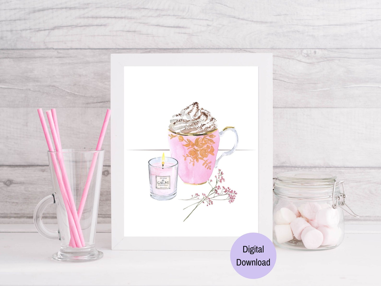 Pink Coffee and Candle Printable Poster, Pink Watercolor Art Print ...
