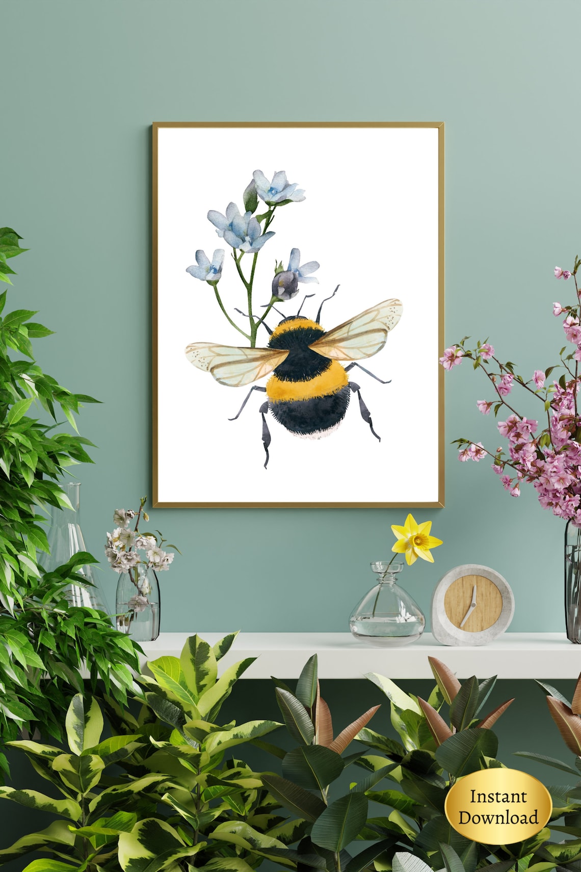 Bee and Flower Art Print Bumble Bee Wall Art Honey Bee Poster Spring ...