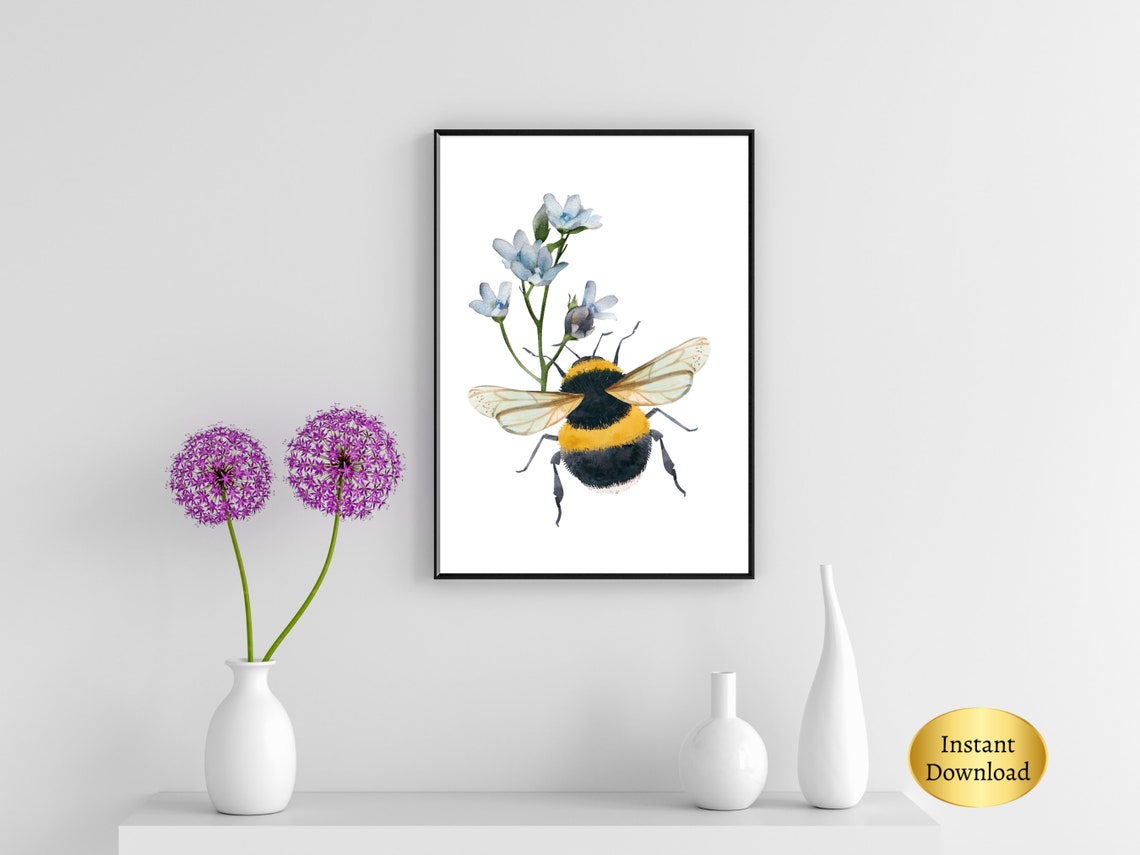 Bee and Flower Art Print Bumble Bee Wall Art Honey Bee Poster Spring ...