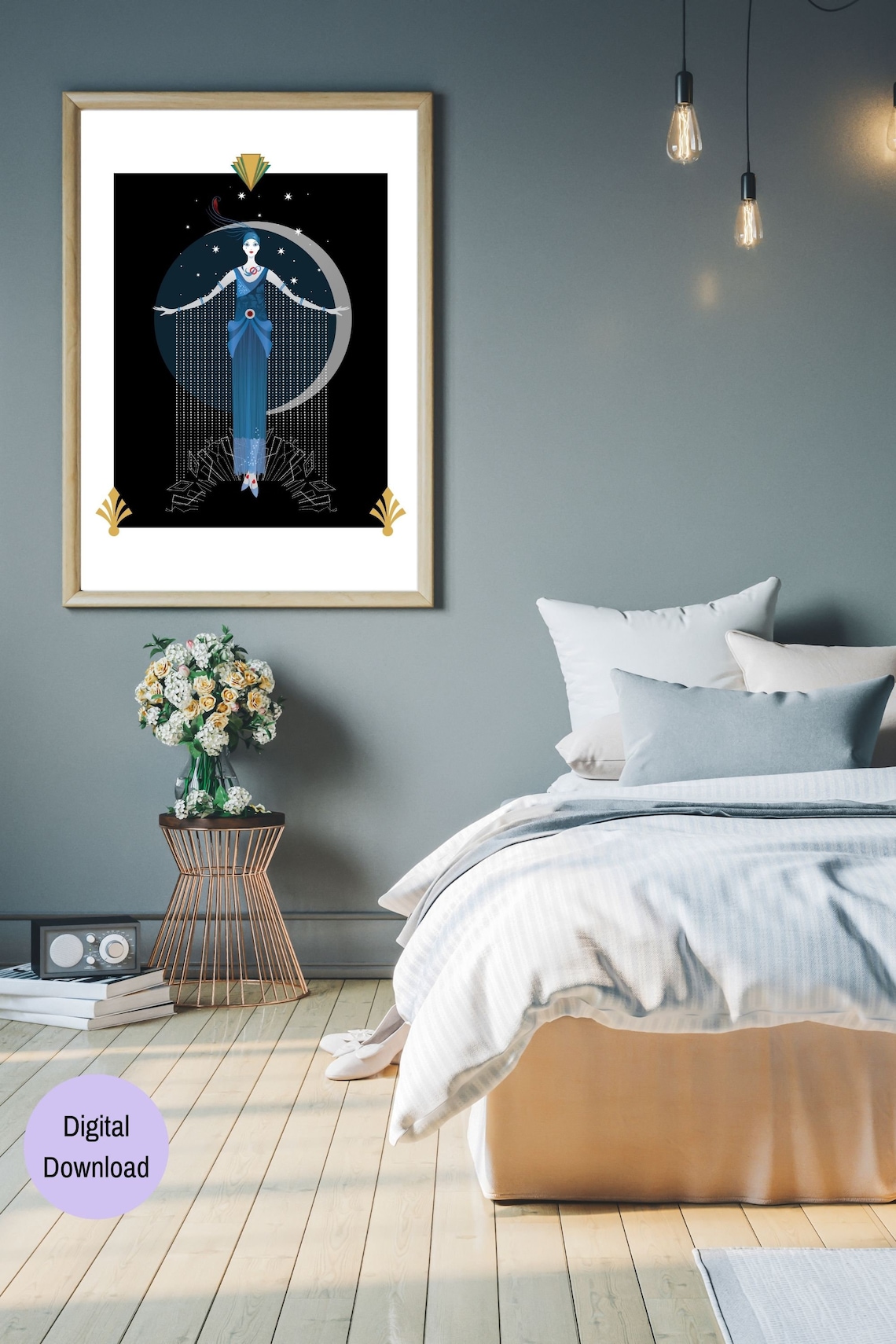 Art Deco Moon Woman Wall Art Printable, 1920s Vintage Art Print, Art ...