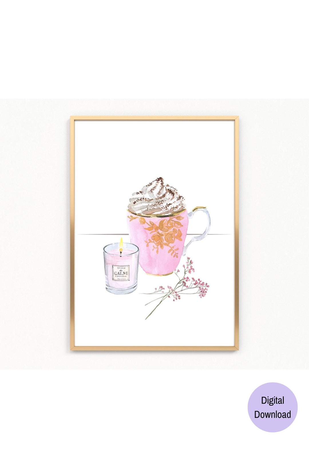 Pink Coffee and Candle Printable Poster, Pink Watercolor Art Print ...