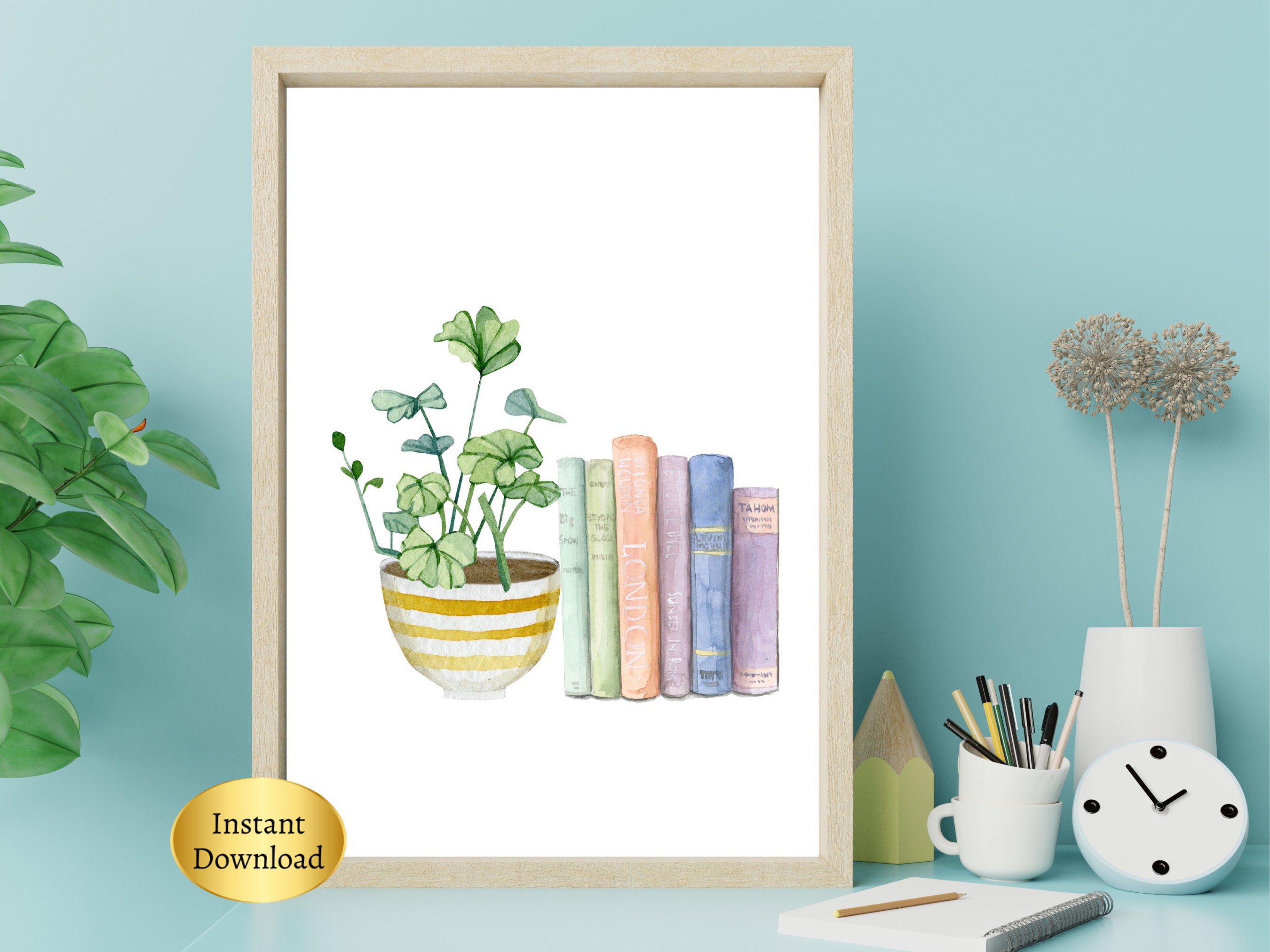 Book Art Print Watercolor Book and Plant Wall Art Apartment Decor Home ...