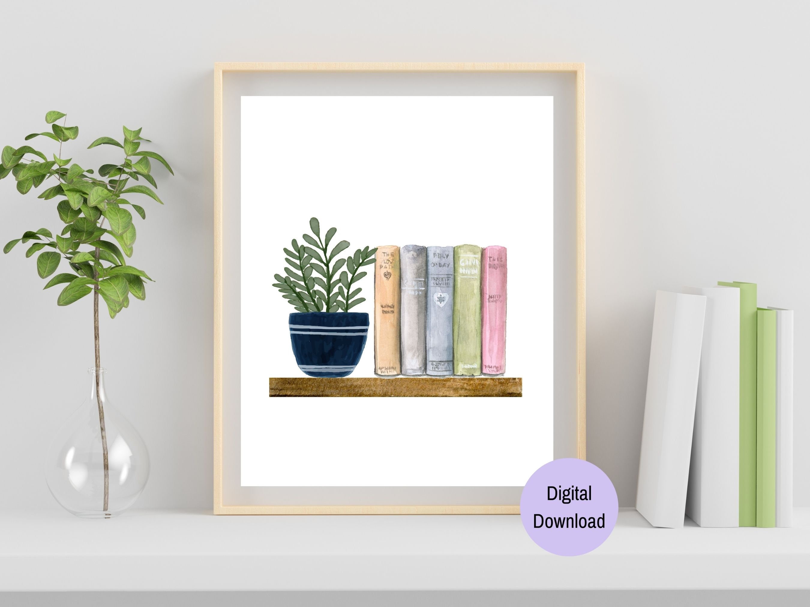 Plant and Books on Shelf Printable Wall Art, Watercolor Plant and Books ...