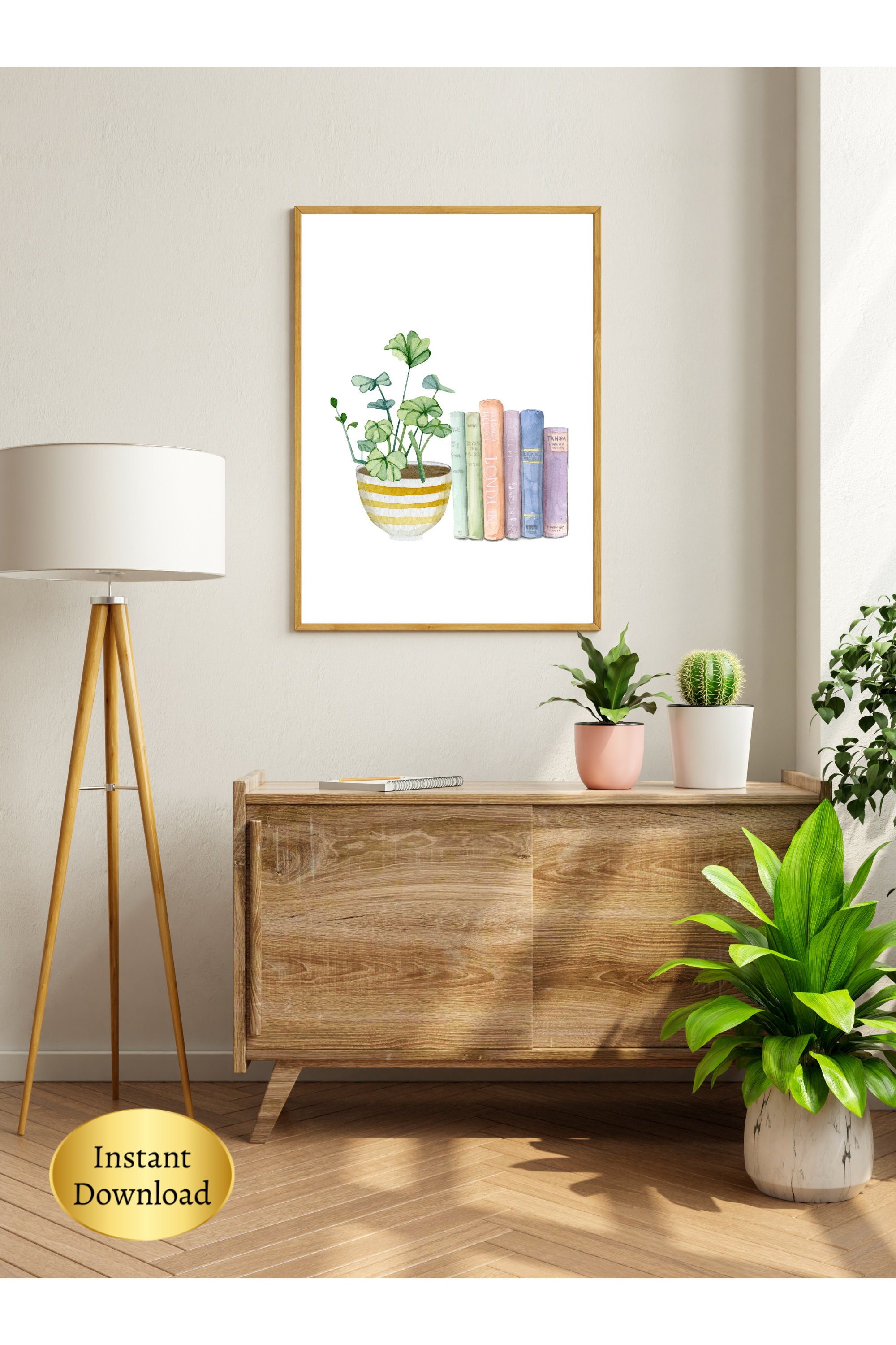 Book Art Print Watercolor Book and Plant Wall Art Apartment Decor Home ...