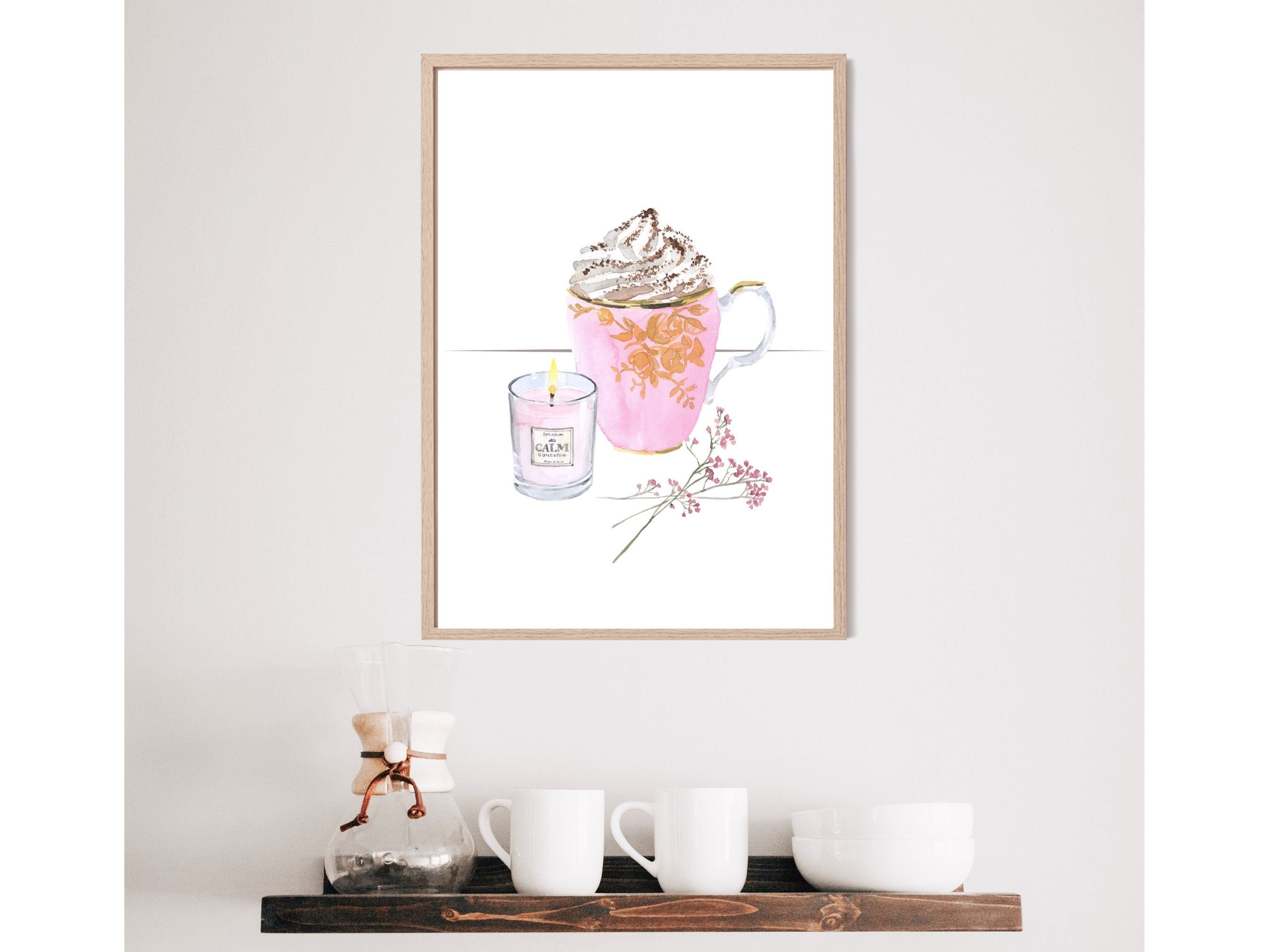 Pink Coffee and Candle Printable Poster, Pink Watercolor Art Print ...