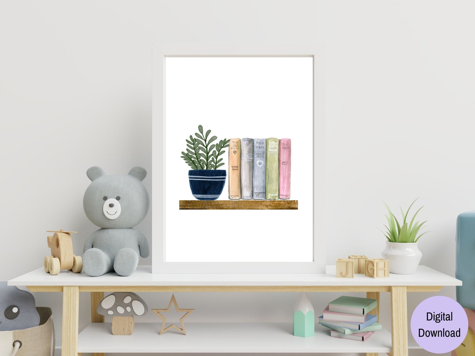 Plant and Books on Shelf Printable Wall Art, Watercolor Plant and Books ...