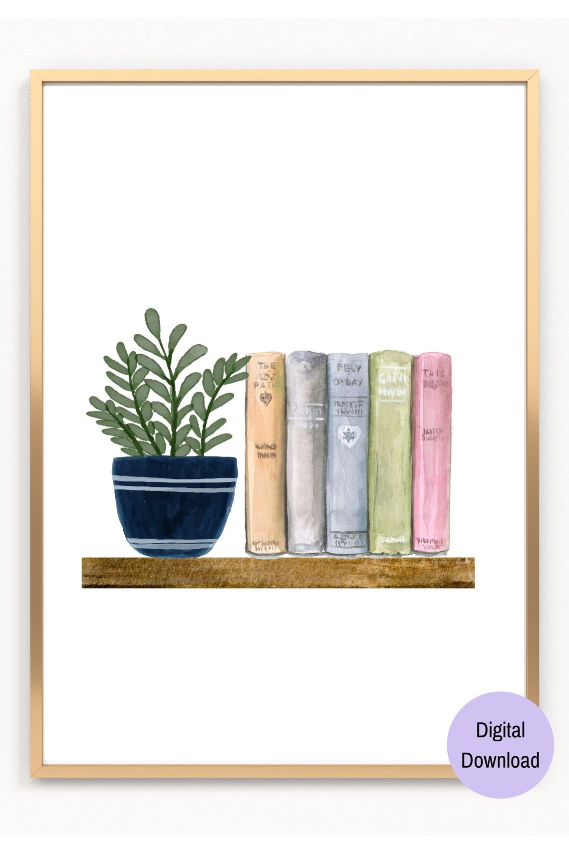 Plant and Books on Shelf Printable Wall Art, Watercolor Plant and Books ...