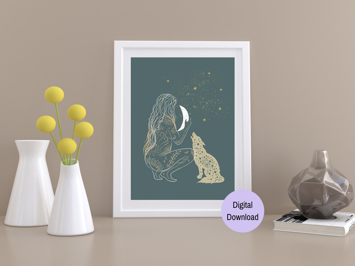 Moon Goddess Art Print Celestial Moon Woman Wall Art Wolf Spirit Animal ...