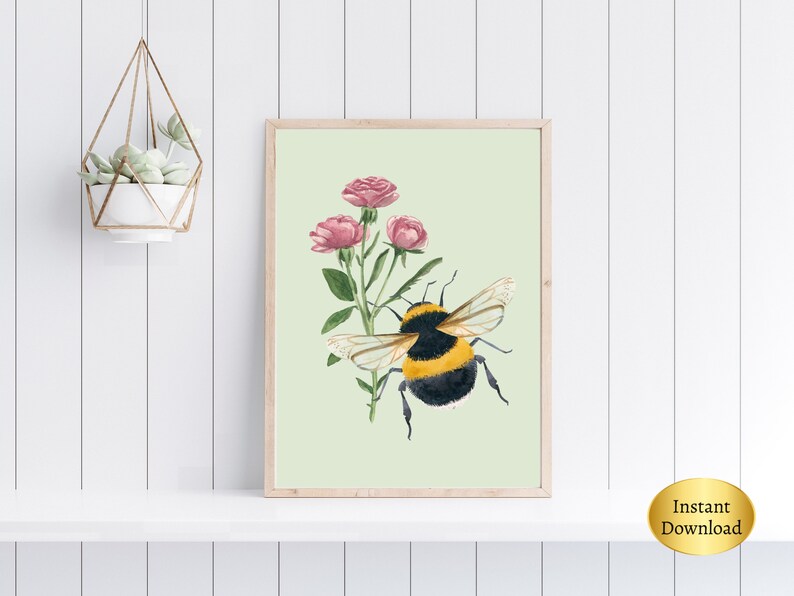 Bumble Bee Art Print Flower Wall Art Honey Bee Poster Floral Wall Art ...