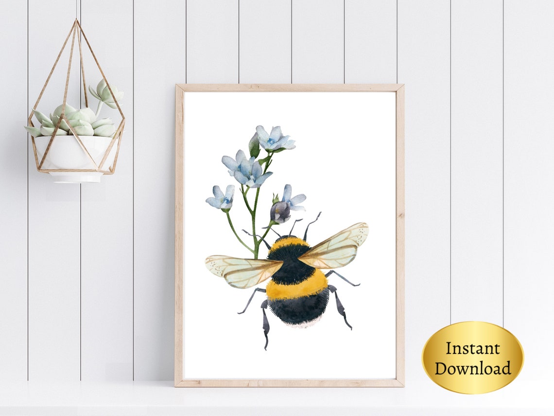 Bee and Flower Art Print Bumble Bee Wall Art Honey Bee Poster Spring ...