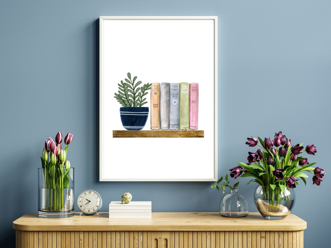 Plant and Books on Shelf Printable Wall Art, Watercolor Plant and Books ...