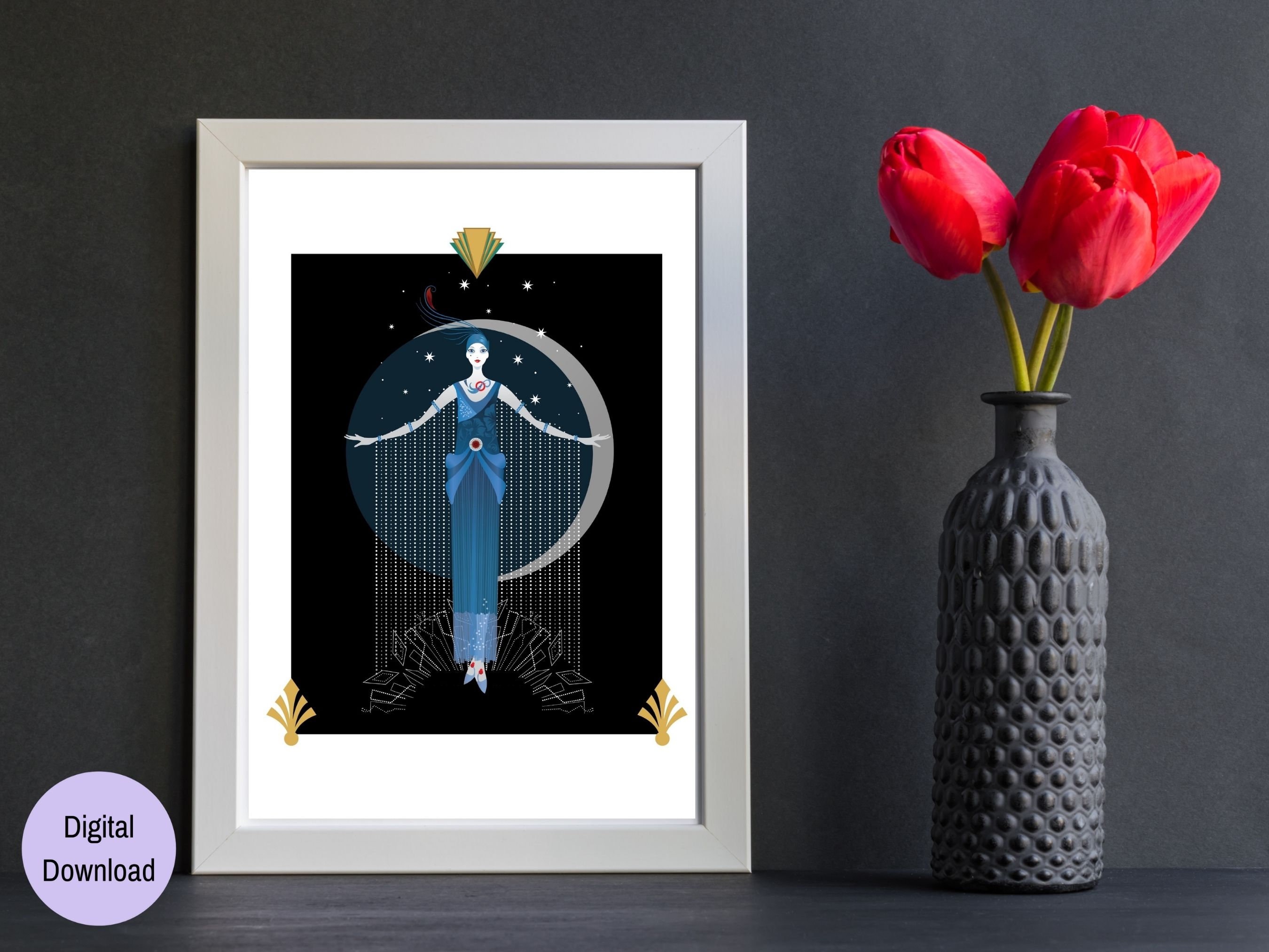 Art Deco Moon Woman Wall Art Printable, 1920s Vintage Art Print, Art ...