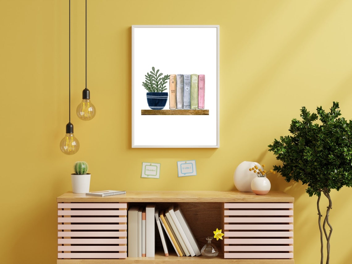Plant and Books on Shelf Printable Wall Art, Watercolor Plant and Books ...