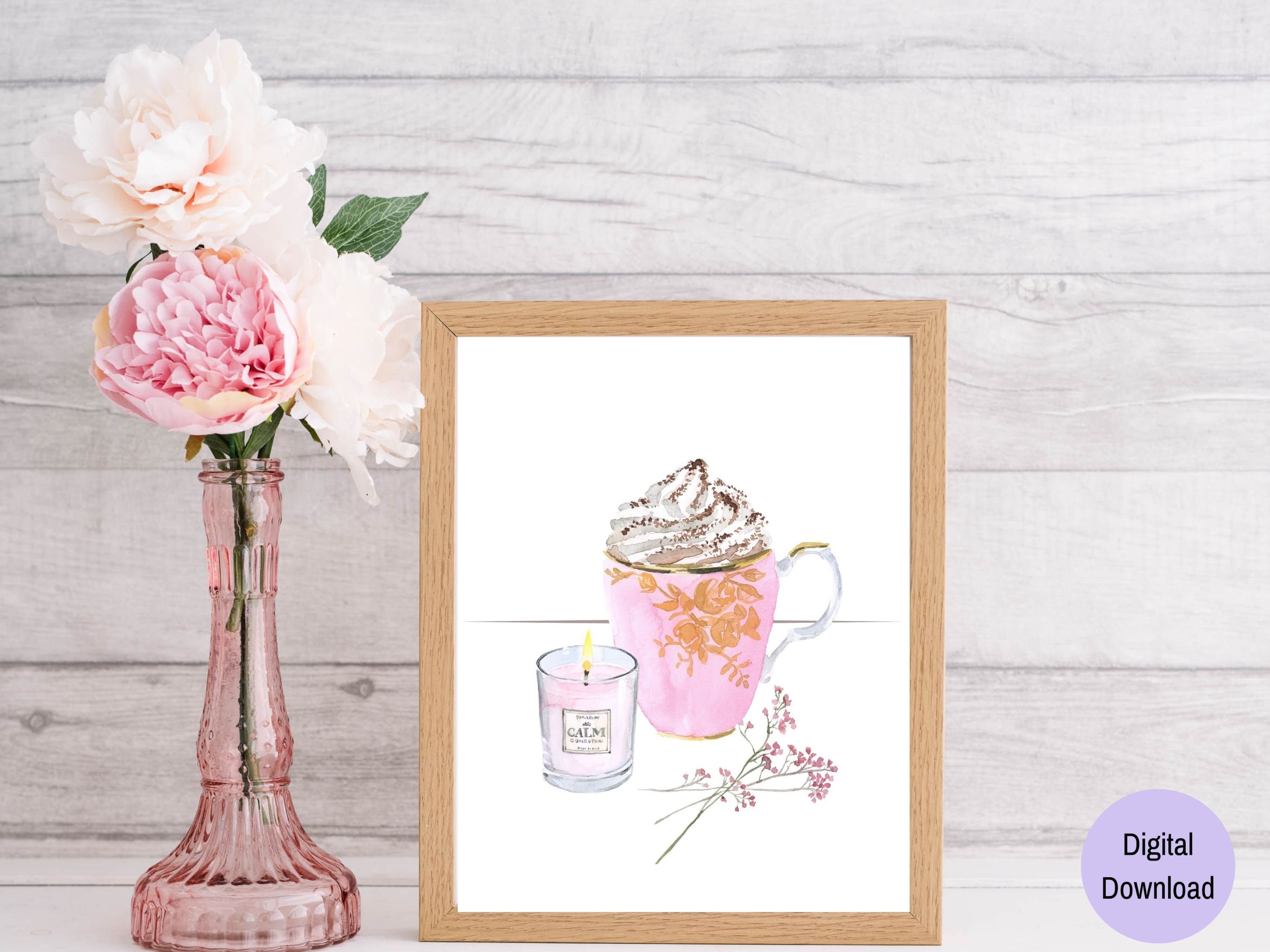 Pink Coffee and Candle Printable Poster, Pink Watercolor Art Print ...