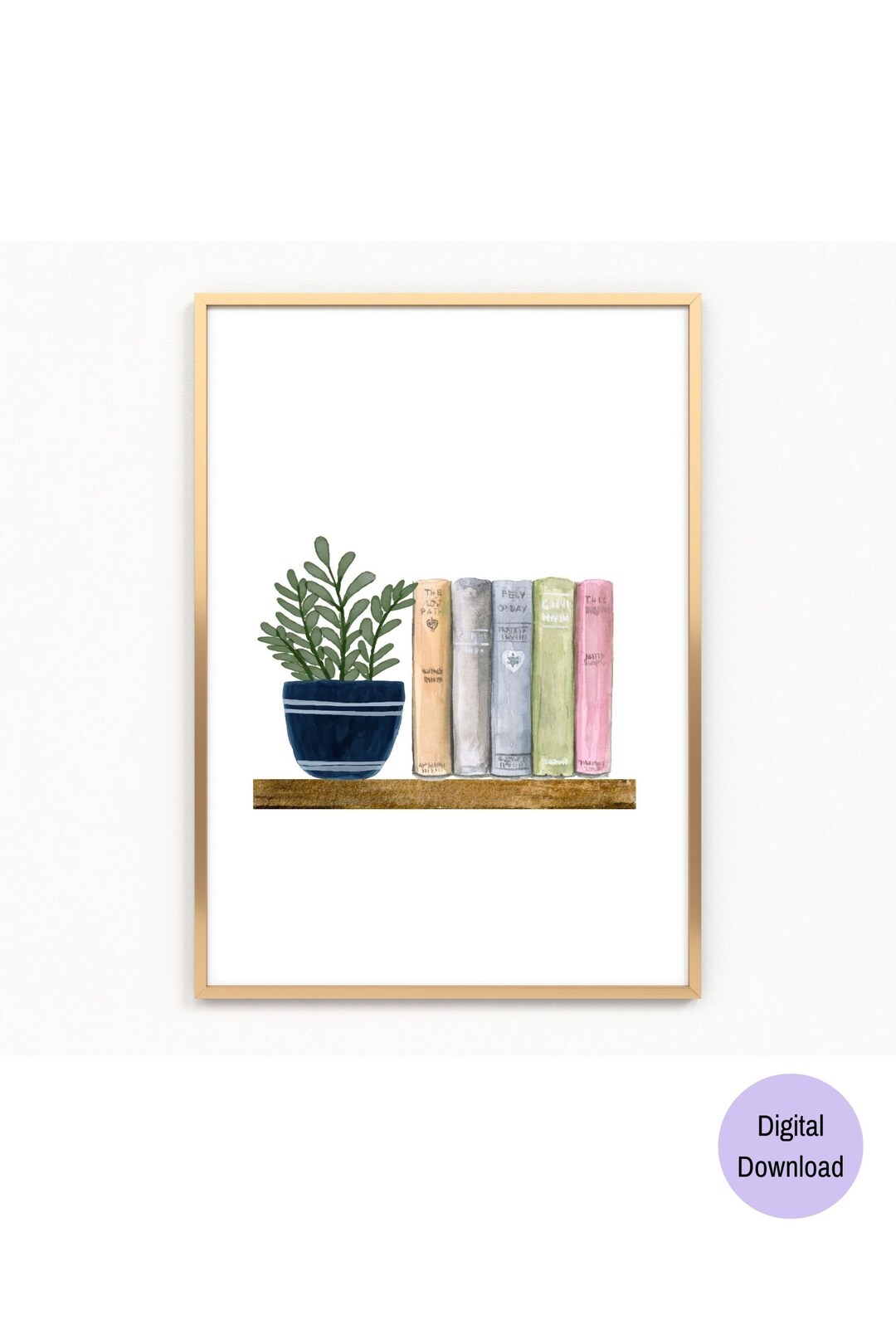 Plant and Books on Shelf Printable Wall Art, Watercolor Plant and Books ...