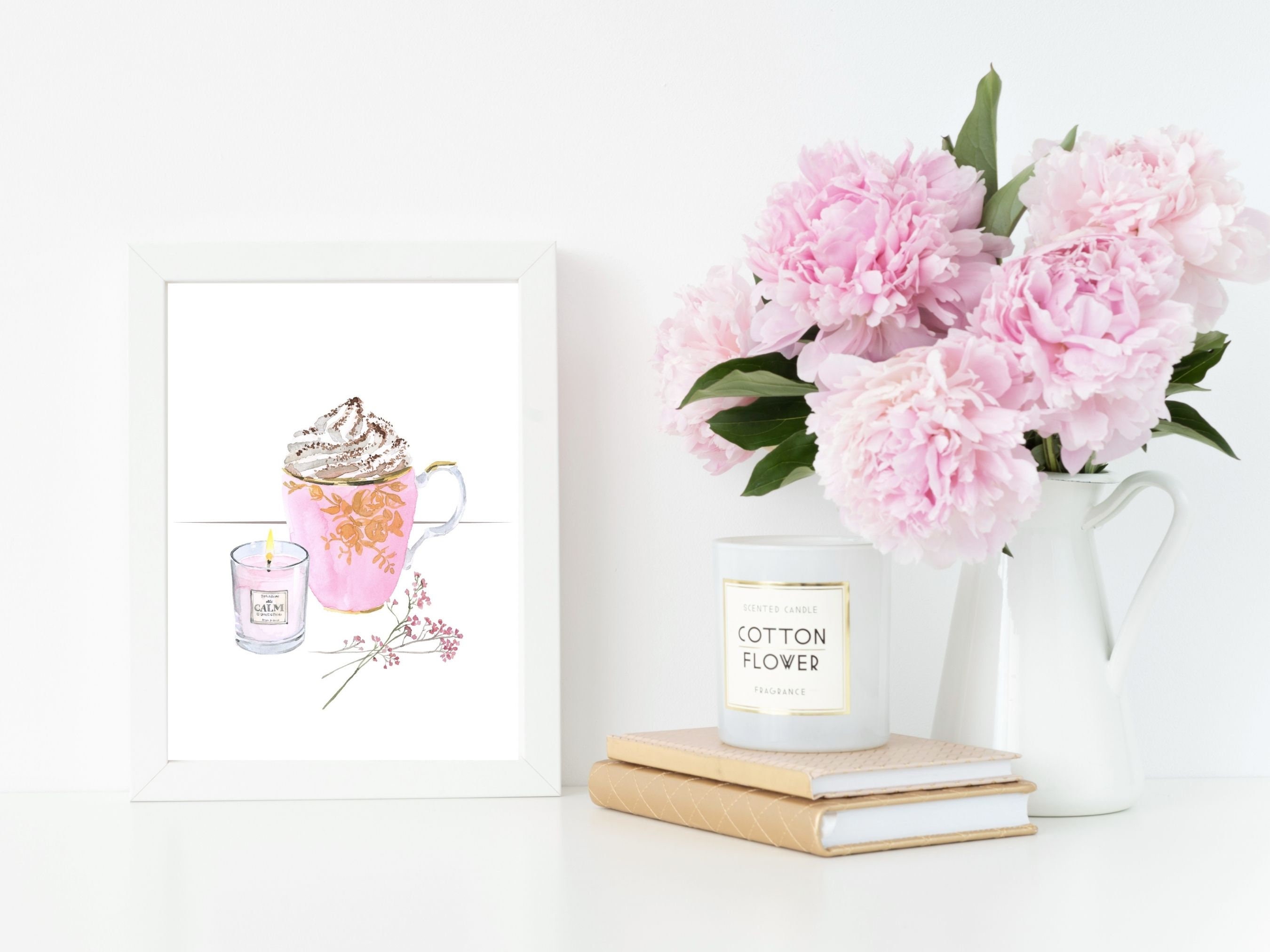 Pink Coffee and Candle Printable Poster, Pink Watercolor Art Print ...