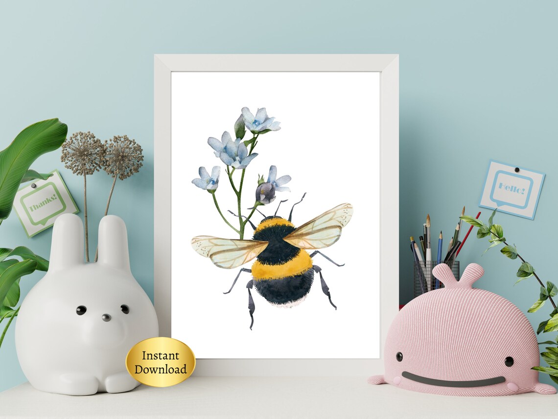 Bee and Flower Art Print Bumble Bee Wall Art Honey Bee Poster Spring ...