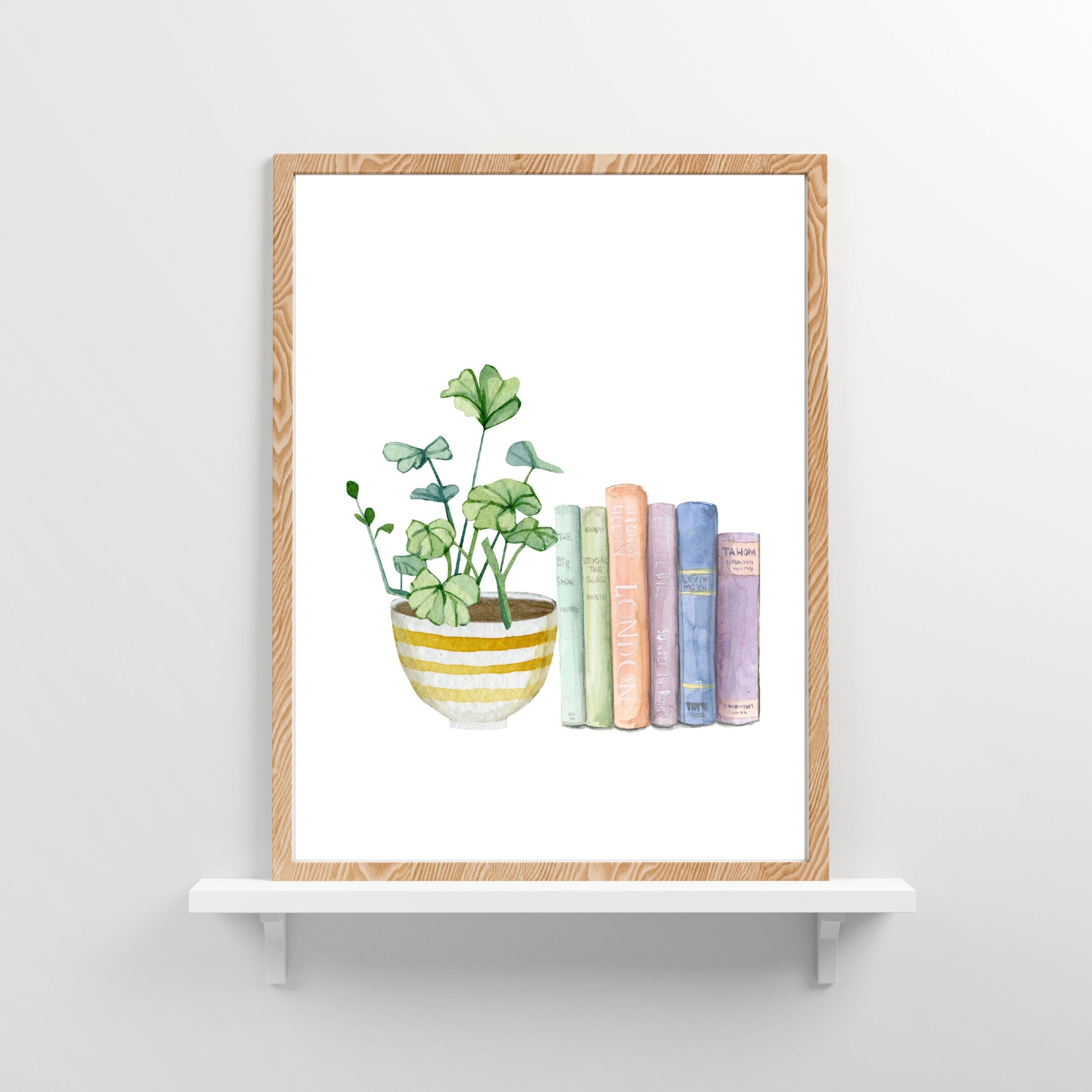 Book Art Print Watercolor Book and Plant Wall Art Apartment Decor Home ...