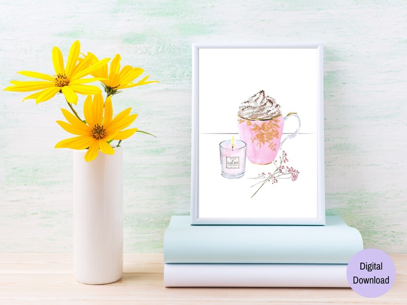 Pink Coffee and Candle Printable Poster, Pink Watercolor Art Print ...