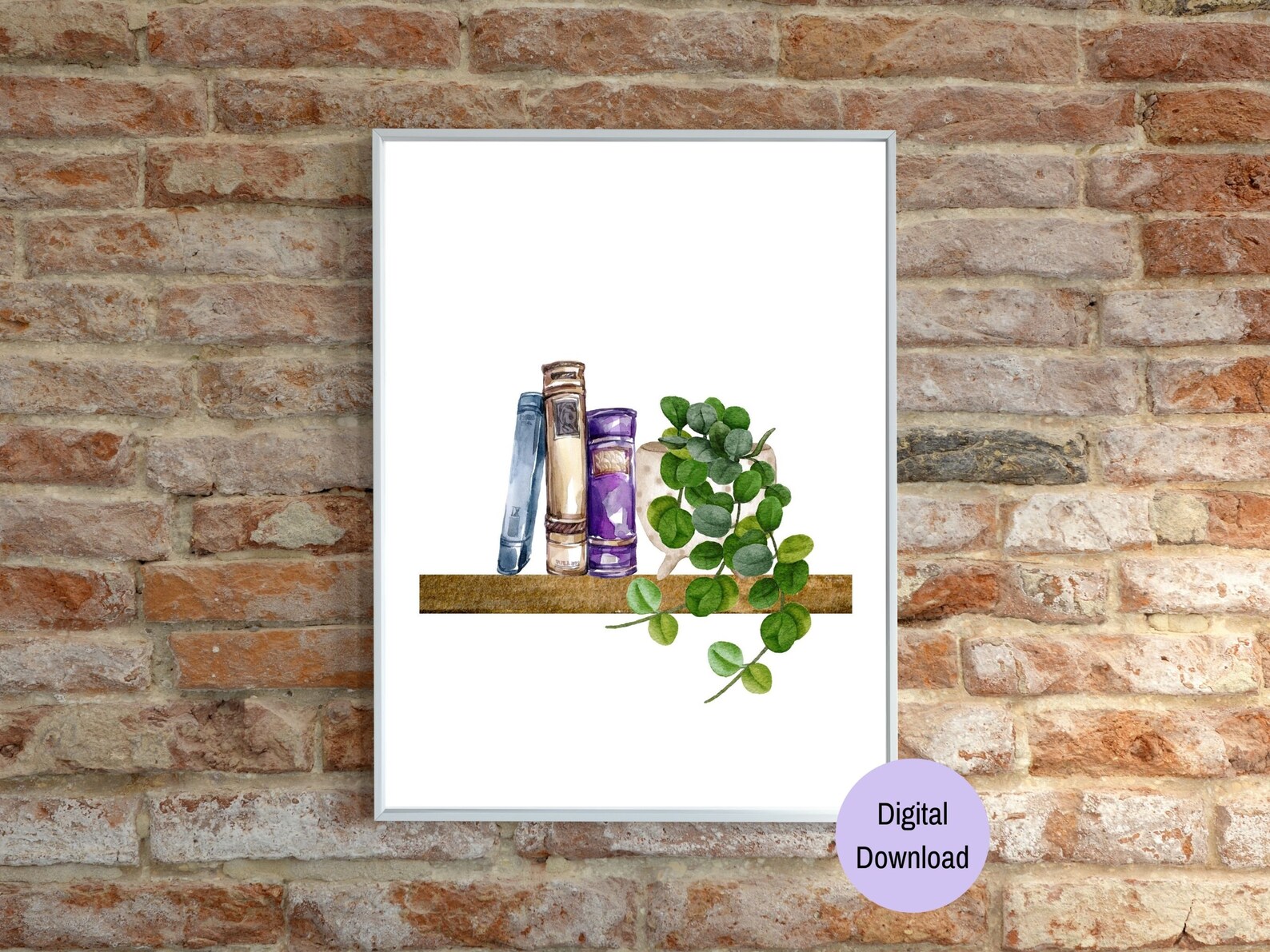 Books and Plant on Shelf Printable Wall Art, Potted Plant and Books Art ...