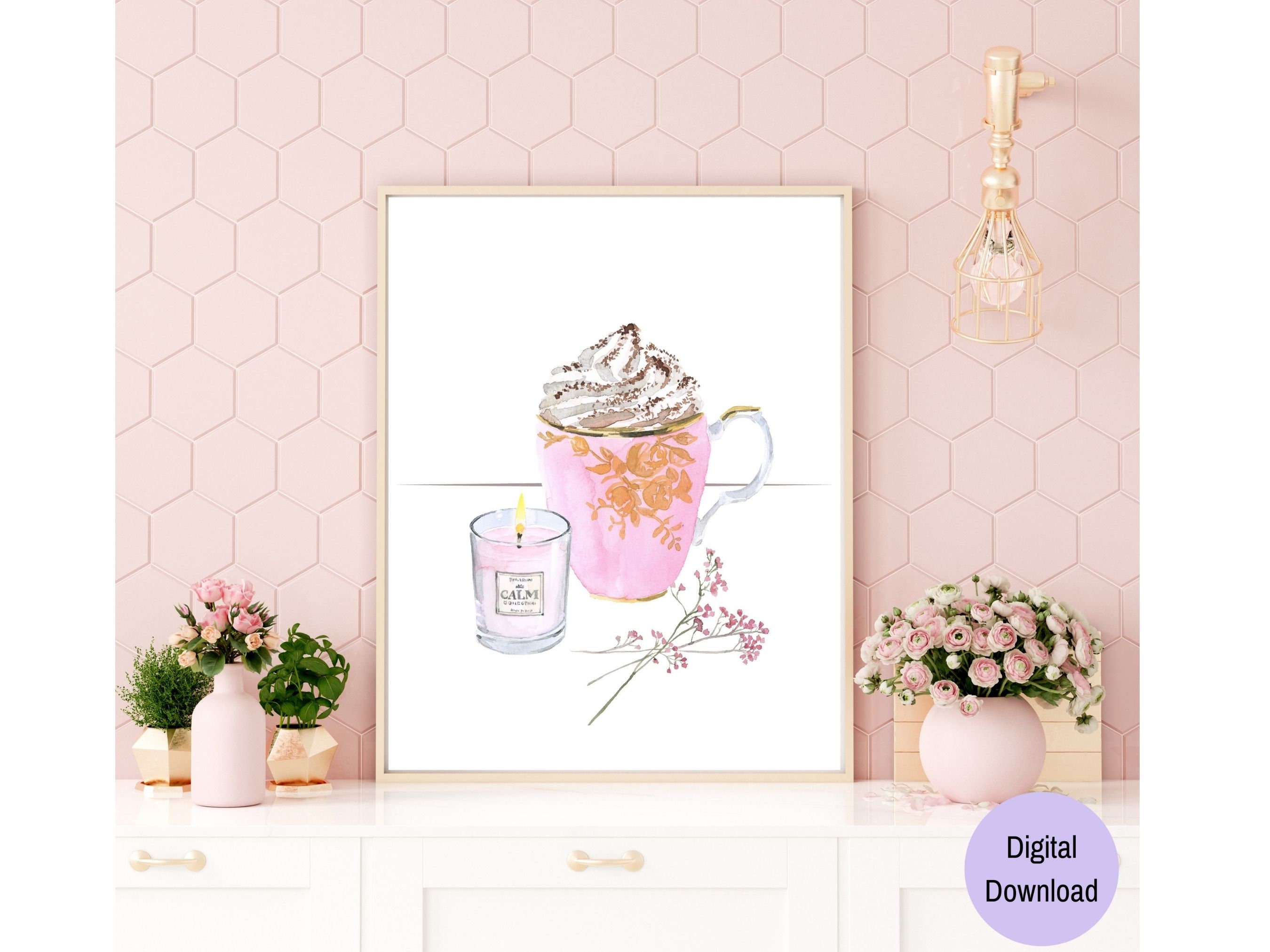 Pink Coffee and Candle Printable Poster, Pink Watercolor Art Print ...