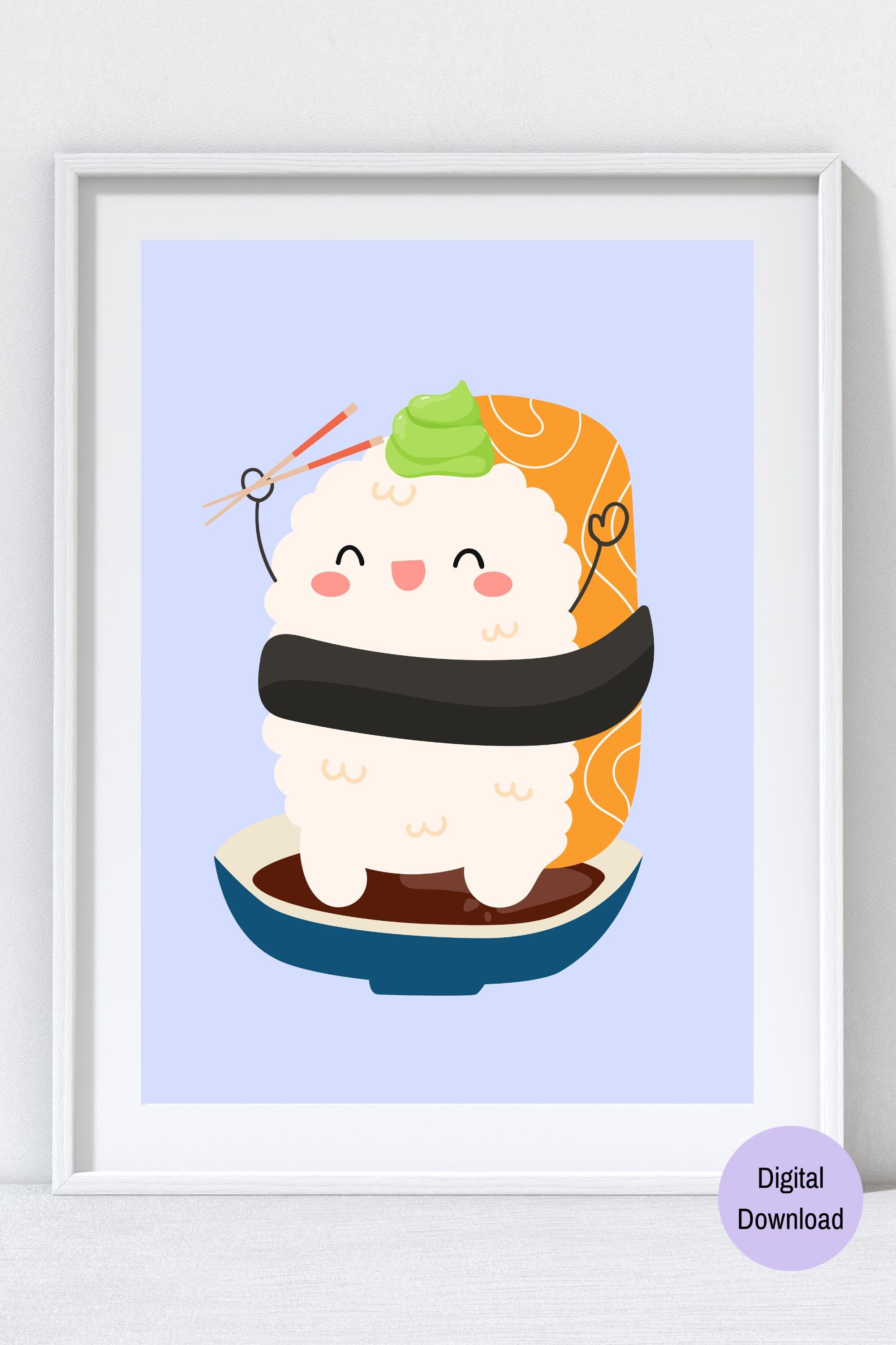 Happy Sushi Cartoon Printable Wall Art, Sushi Poster, Kawaii Sushi Art ...