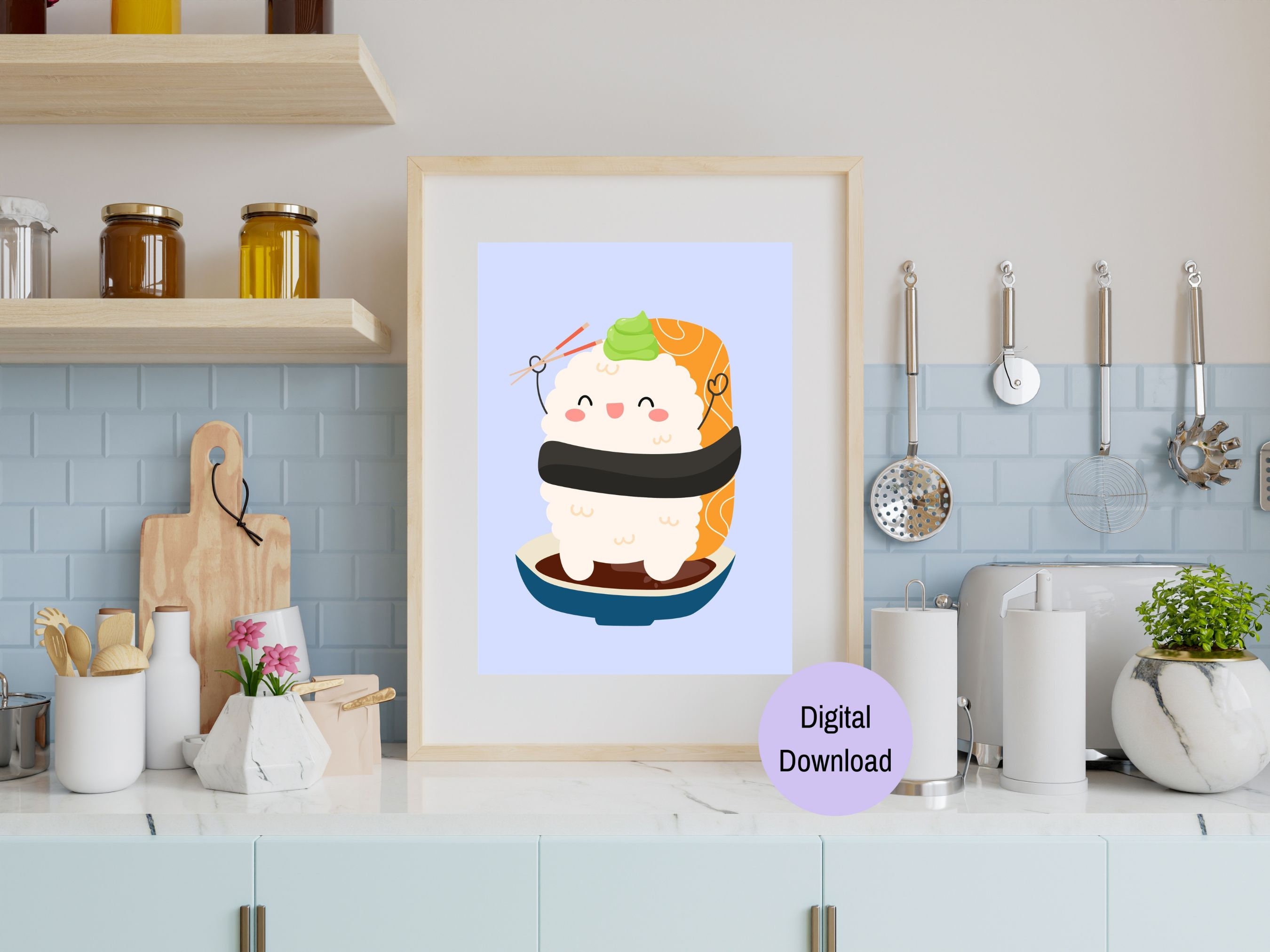 Happy Sushi Cartoon Printable Wall Art, Sushi Poster, Kawaii Sushi Art ...