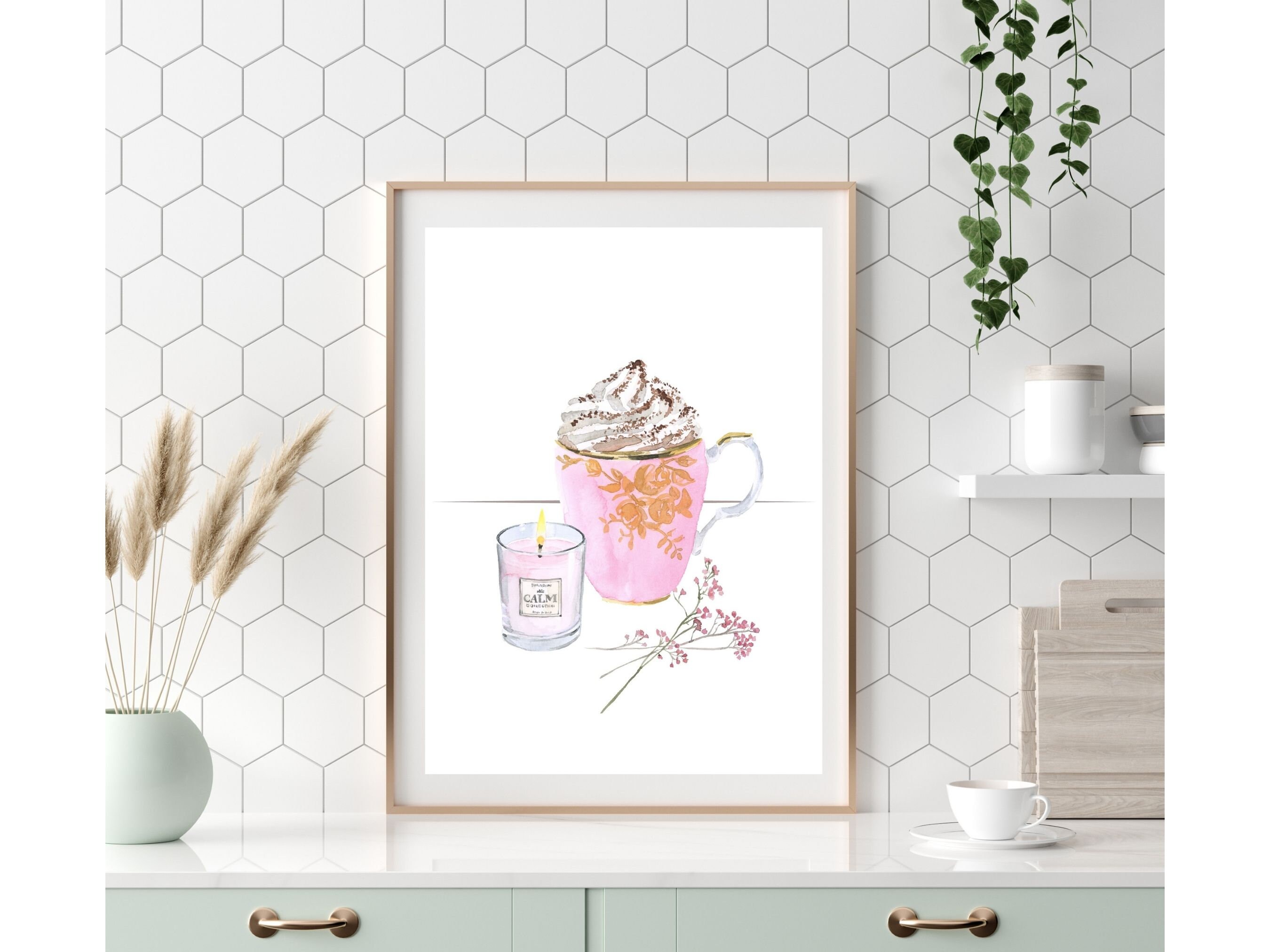 Pink Coffee and Candle Printable Poster, Pink Watercolor Art Print ...