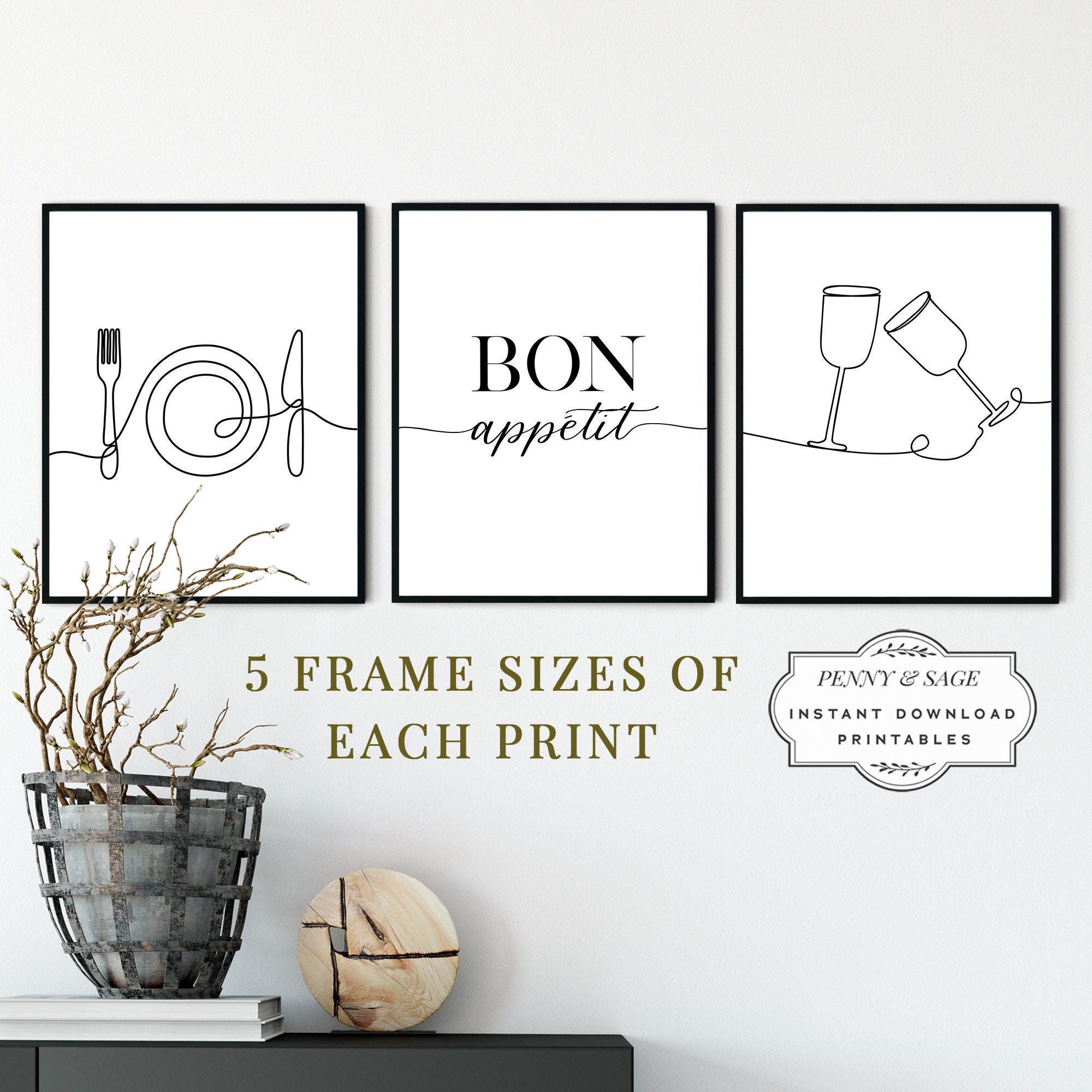 Set of 3 Line Drawings Printable Kitchen Decor, Dining Room Prints ...