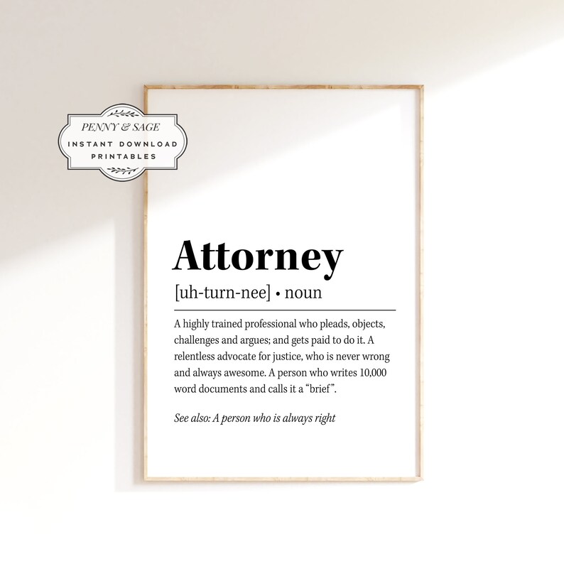 Attorney Definition Print, Gift for Lawyer, Funny Lawyer Gift, Attorney ...