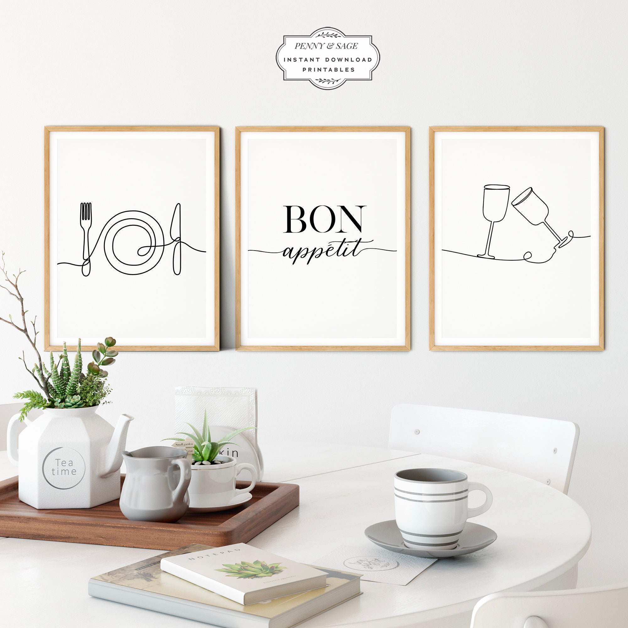 Set of 3 Line Drawings Printable Kitchen Decor, Dining Room Prints ...