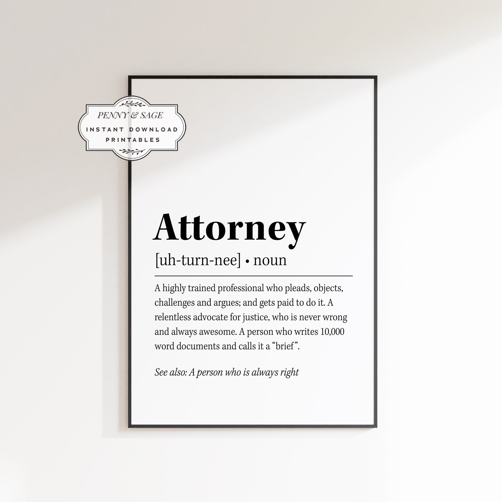 Attorney Definition Print, Gift for Lawyer, Funny Lawyer Gift, Attorney ...