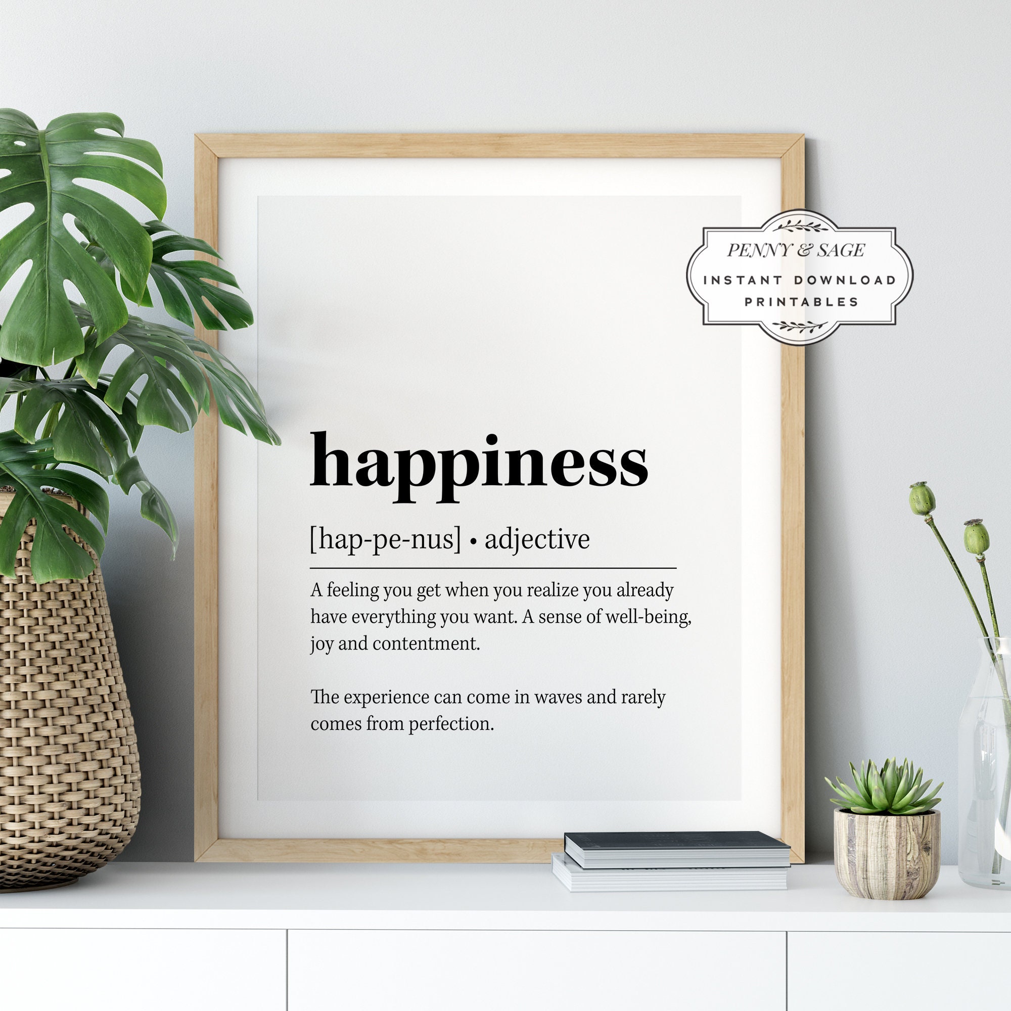 Happiness Definition Wall Art, Happiness Quote Decor, Black and White ...