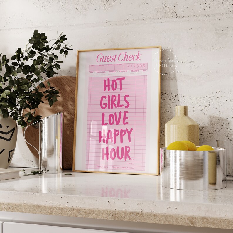 Guest Check Hot Girls Love Happy Hour Print, Trendy Pink Guest Check, Retro Pink Print, Trendy ...