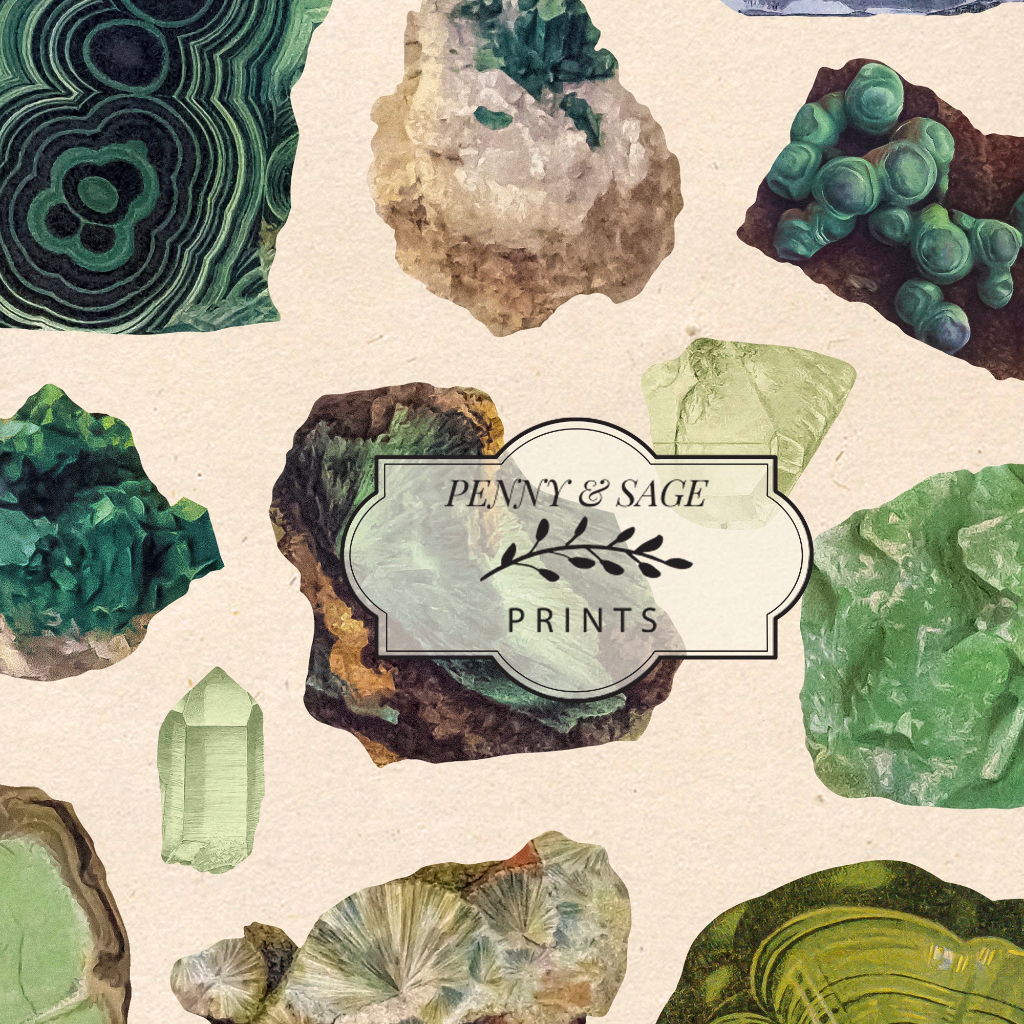 Vintage Vintage Green Minerals Chart Print, Minerals Gemstone Wall ...