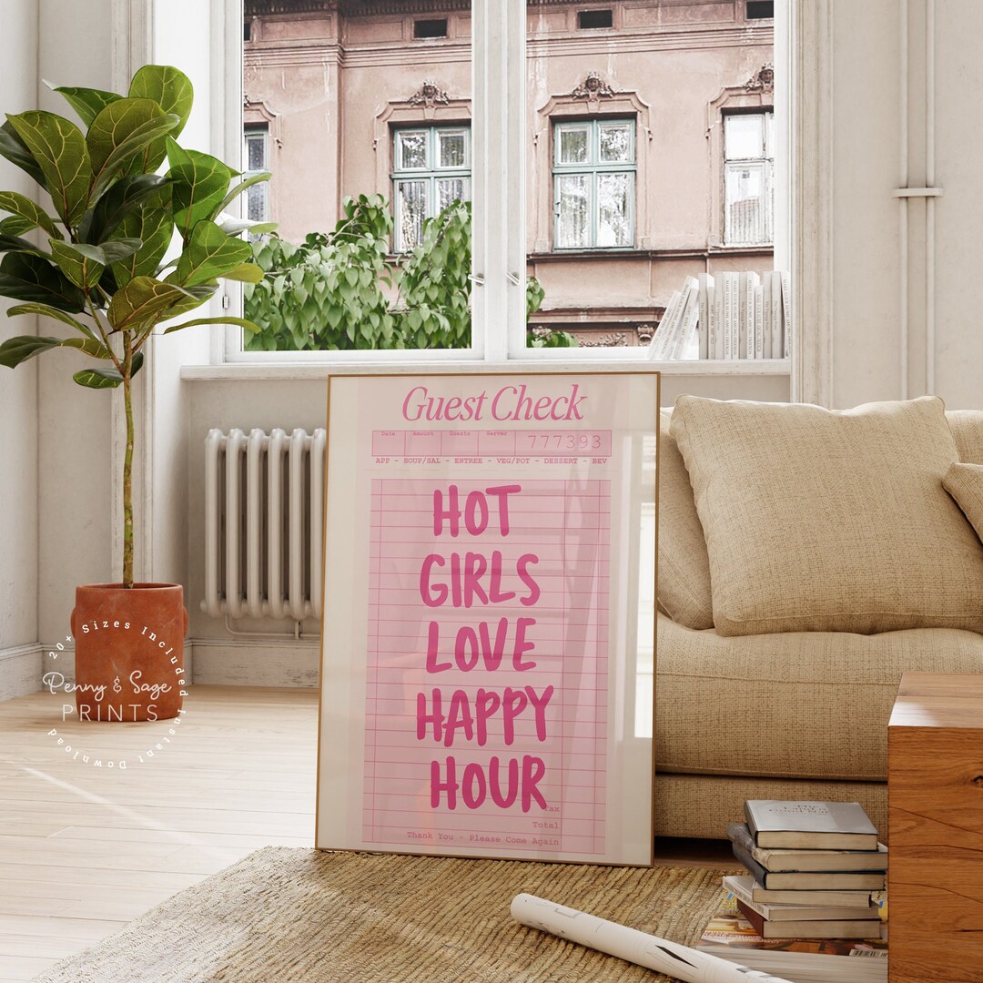 Guest Check Hot Girls Love Happy Hour Print, Trendy Pink Guest Check, Retro Pink Print, Trendy ...