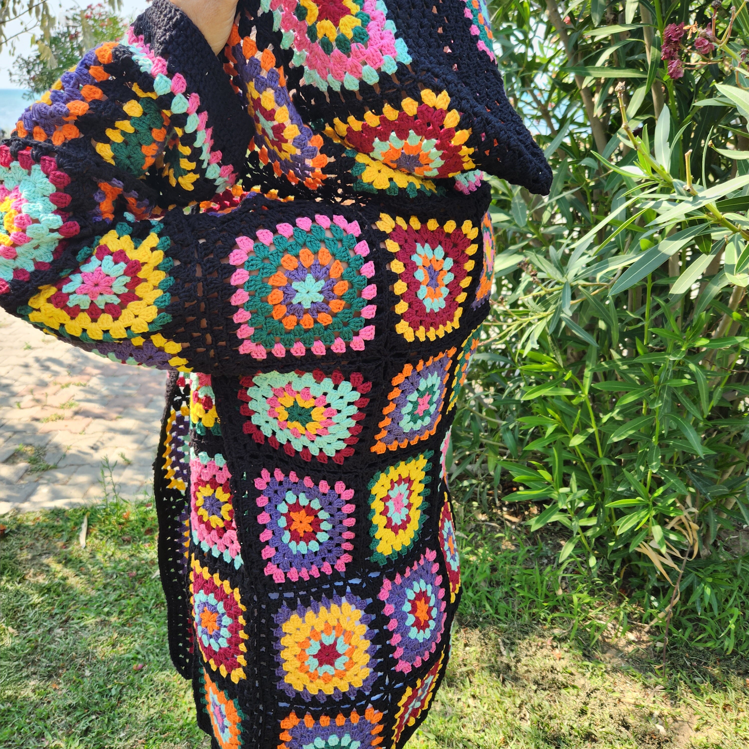 Granny Square Hooded Black Jacket: Crochet Colorful Cardigan - Etsy