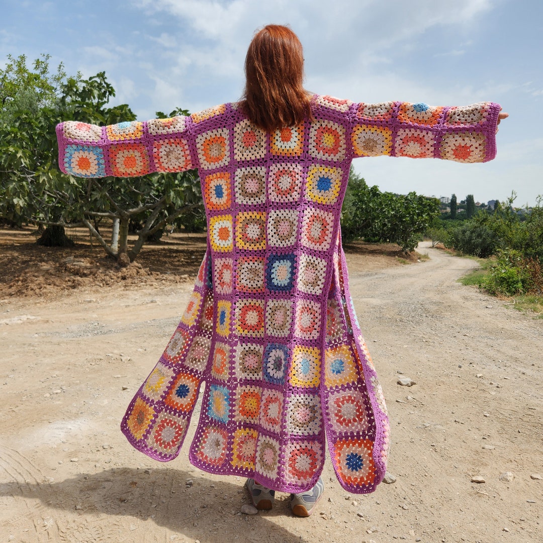 Crochet Coat, Granny Square Long Cardigan, Boho Sweater, Hippie ...