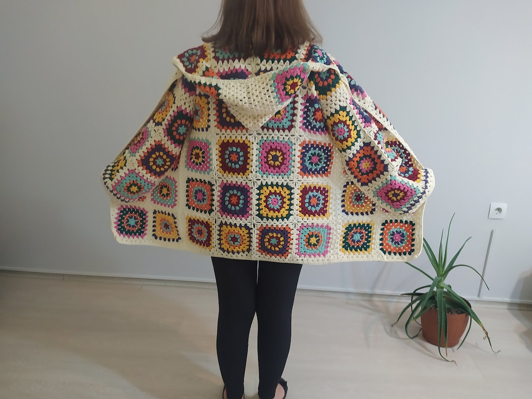 Hooded Granny Square Jacket, Crochet Afghan Coat, Colorful Pathcwork ...