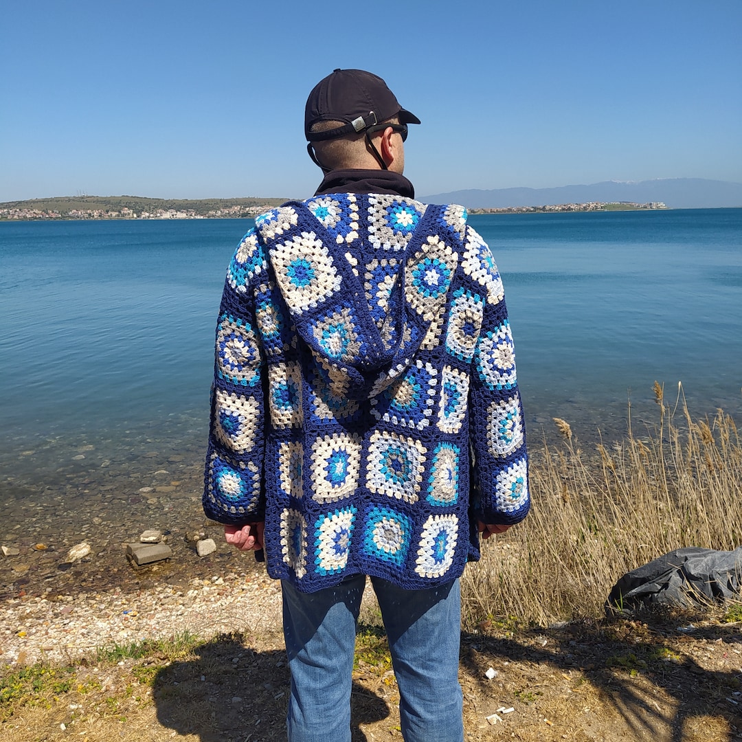 Men's Hooded Granny Square Crochet Cardigan: Patchwork Boho Jacket - Etsy