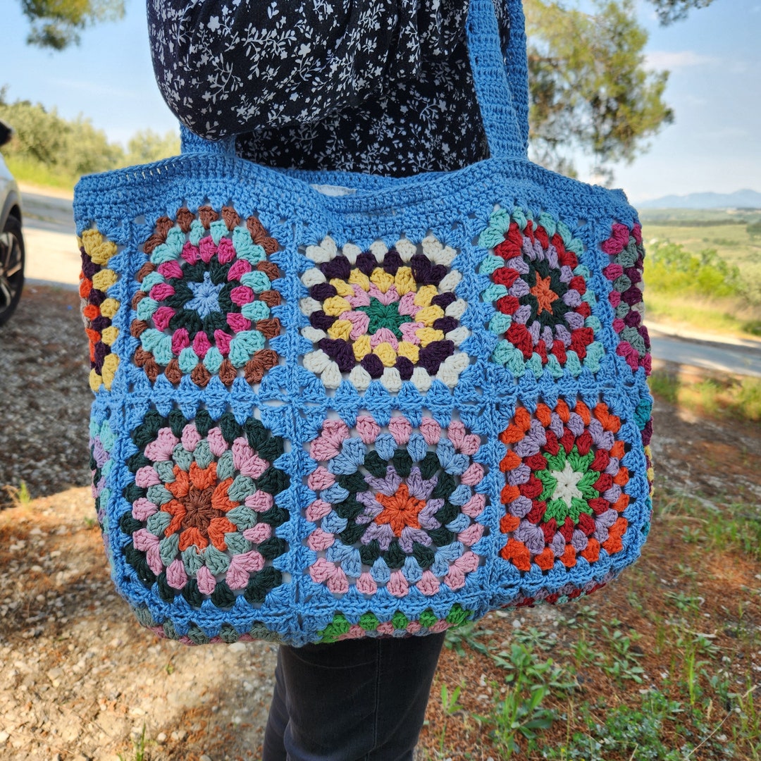 Granny Square Bag, Crochet Tote, Hand Knitted Purse, Beach Bag, Summer ...