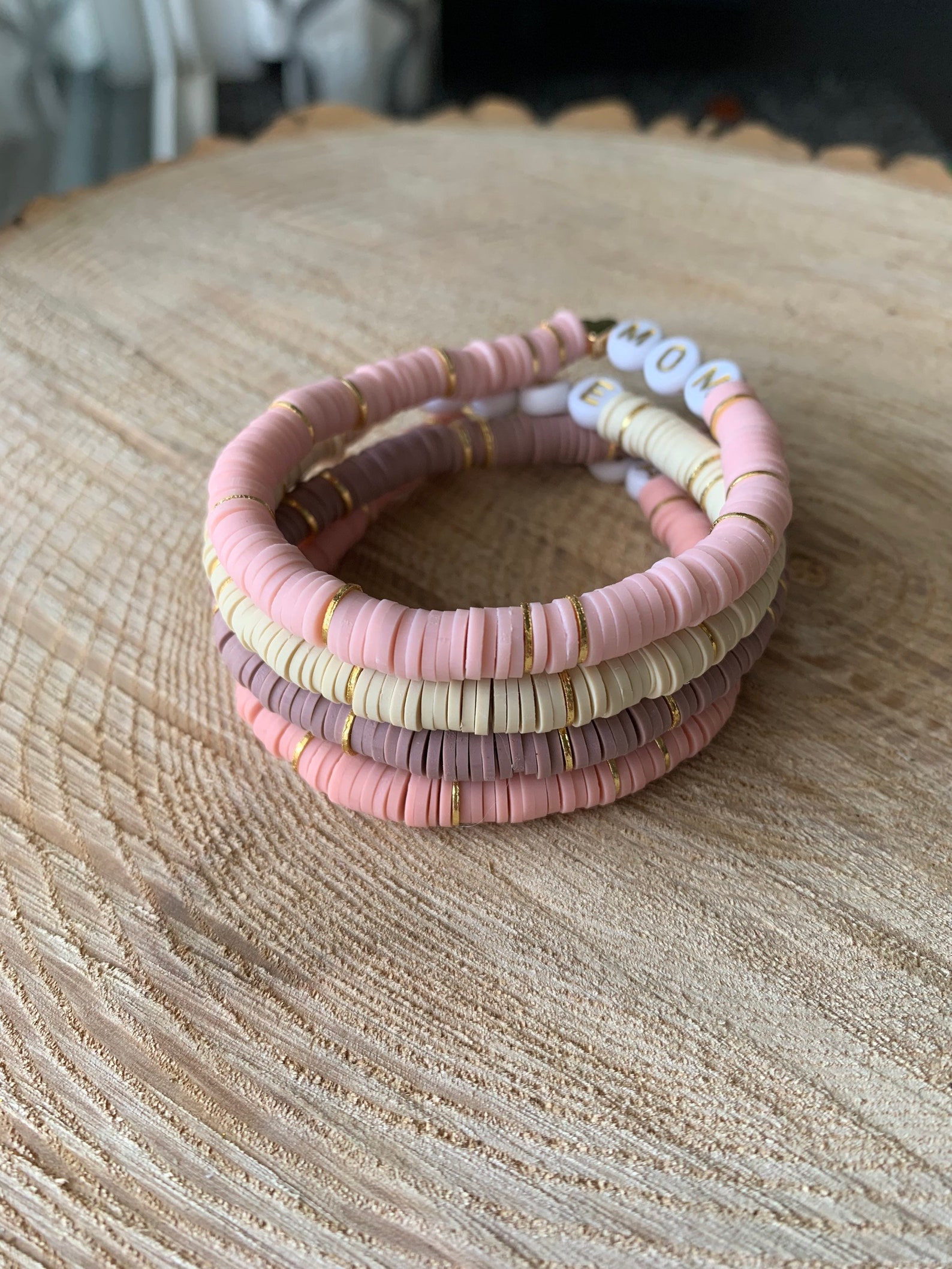 Soft Pink and Neutral Polymer Clay Beaded Bracelets With Gold Discs and ...