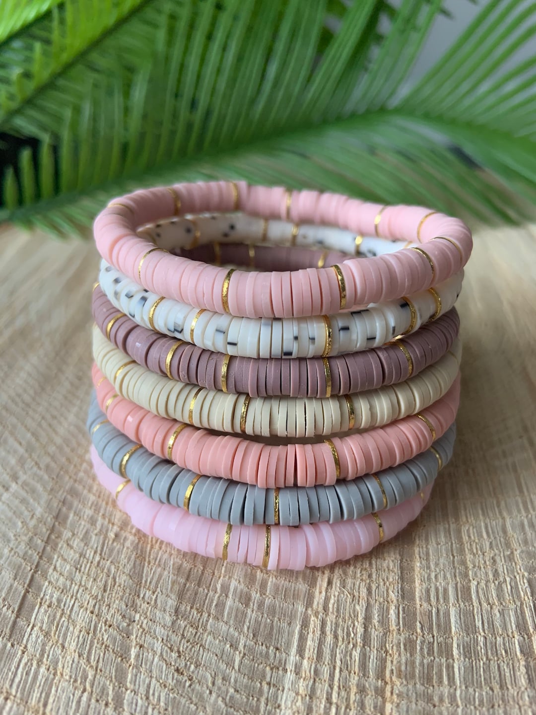 Soft, Neutral Polymer Clay Bead and Gold Disc Bracelets - Etsy Canada