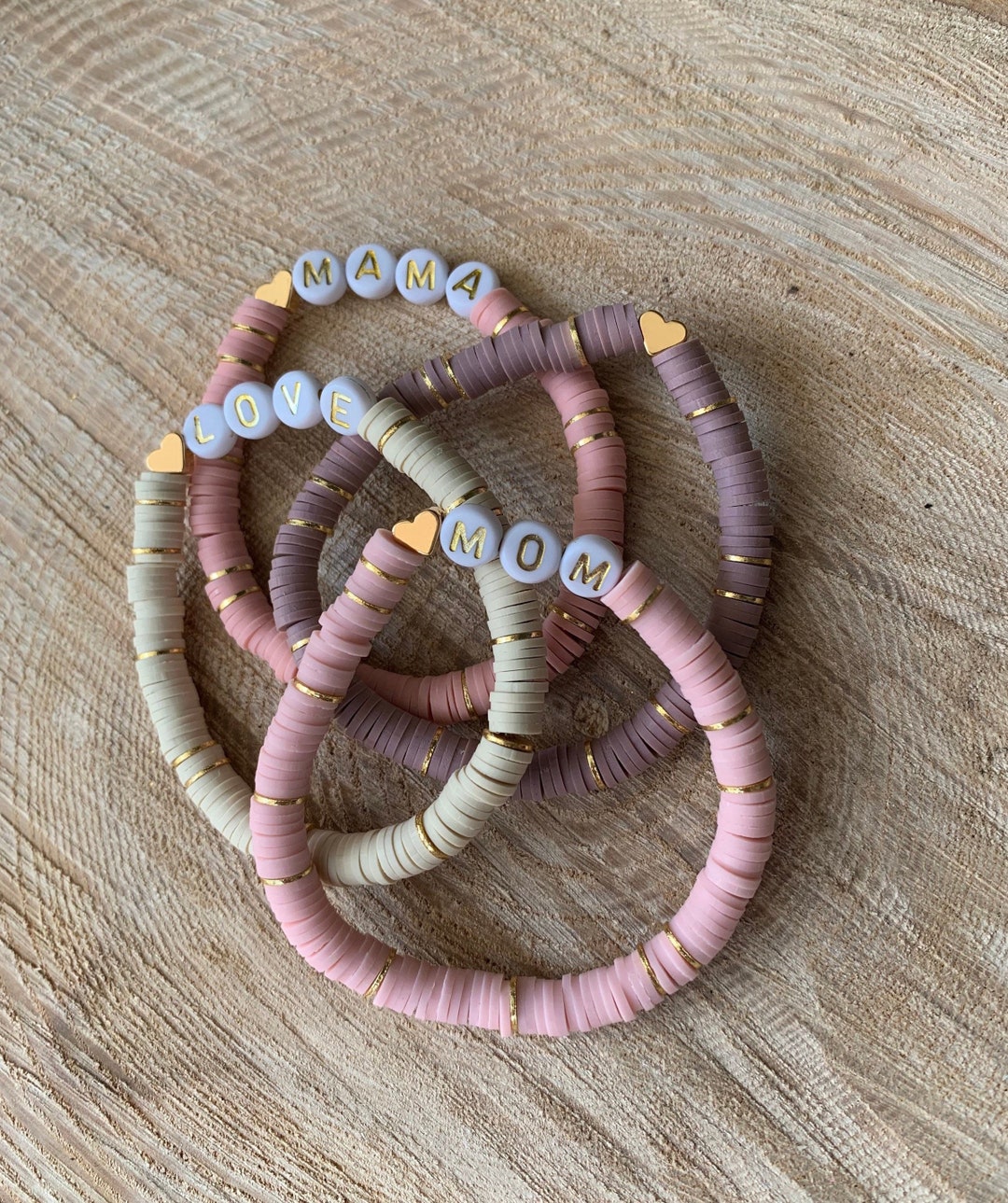 Soft Pink and Neutral Polymer Clay Beaded Bracelets With Gold Discs and ...