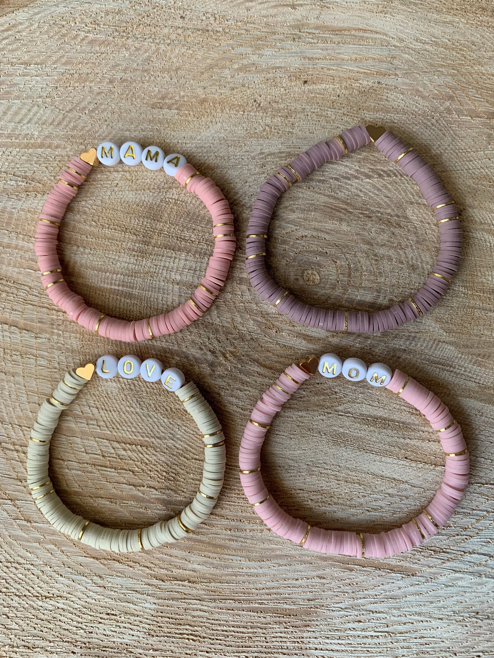 Soft Pink and Neutral Polymer Clay Beaded Bracelets With Gold Discs and ...
